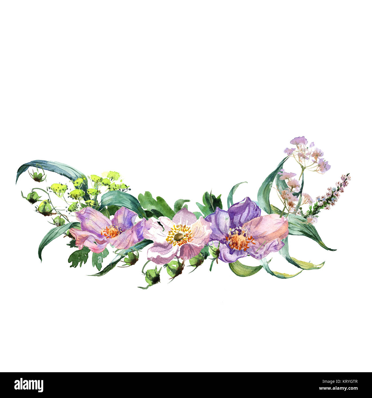 Romantic watercolor emerald flowers branch bouquet Summer garden ...