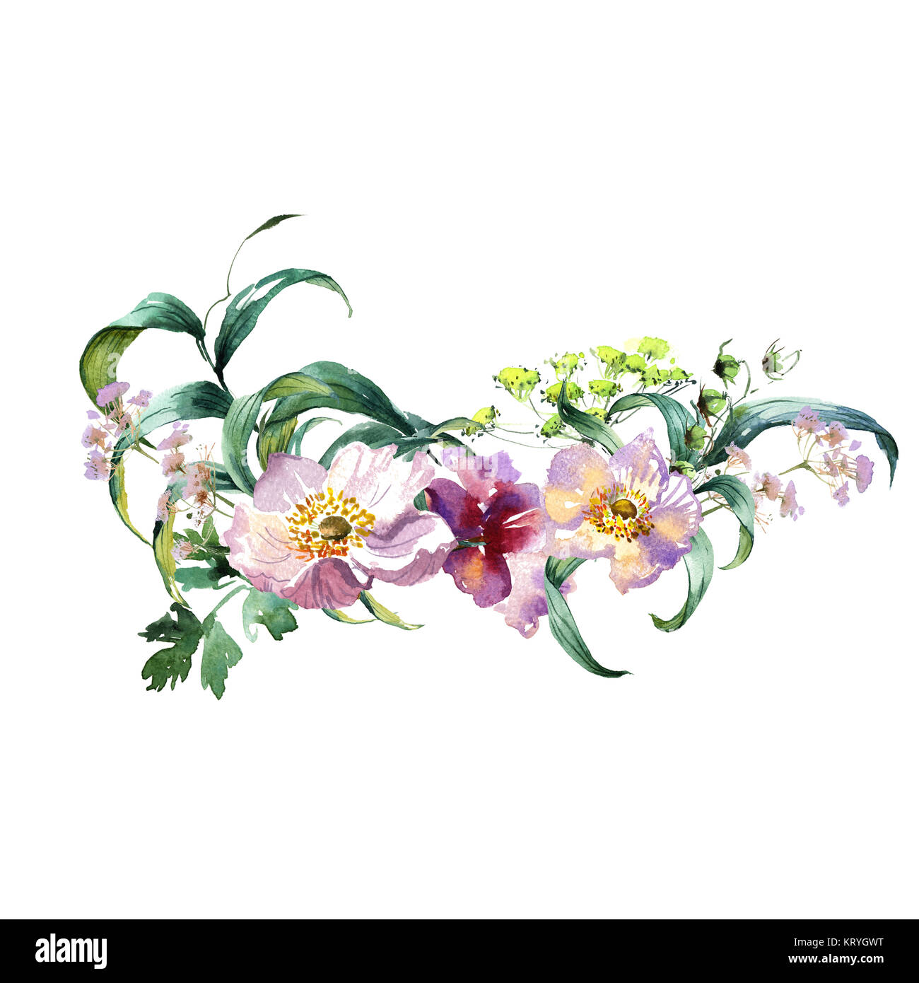 Romantic watercolor emerald flowers branch bouquet Summer garden ...