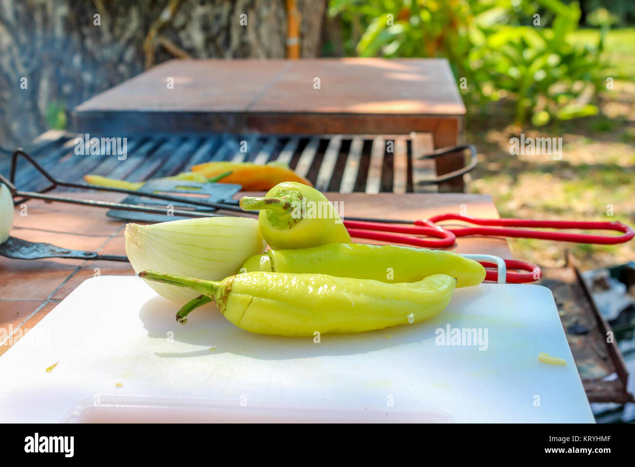 Cooking peppers known as Xcatik and onions on a camping trip Stock ...