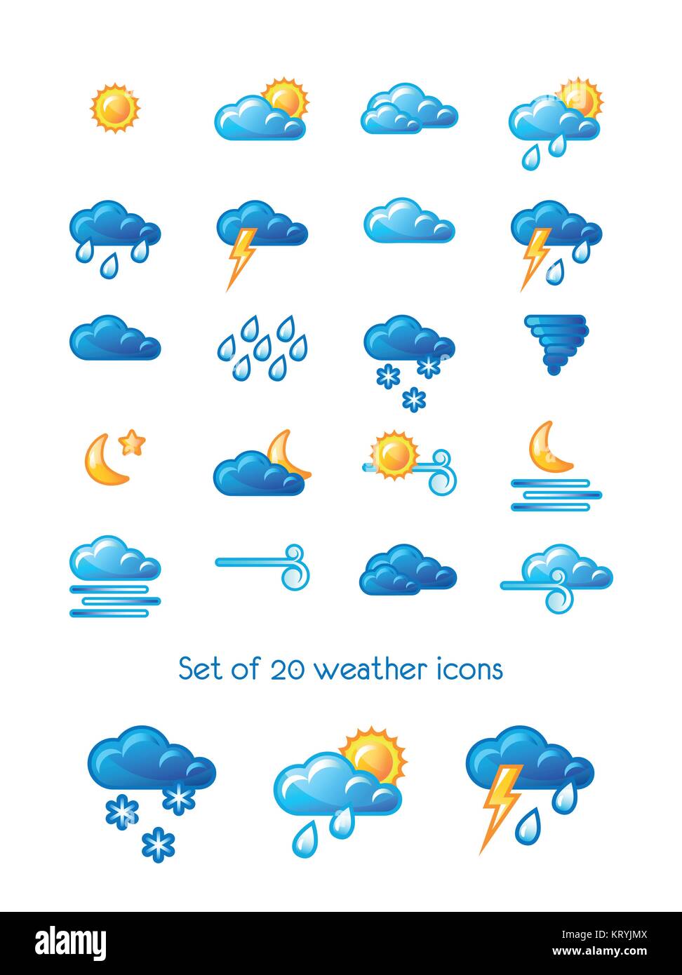 Set of 20 funny weather icons. Vector illustration. White background ...