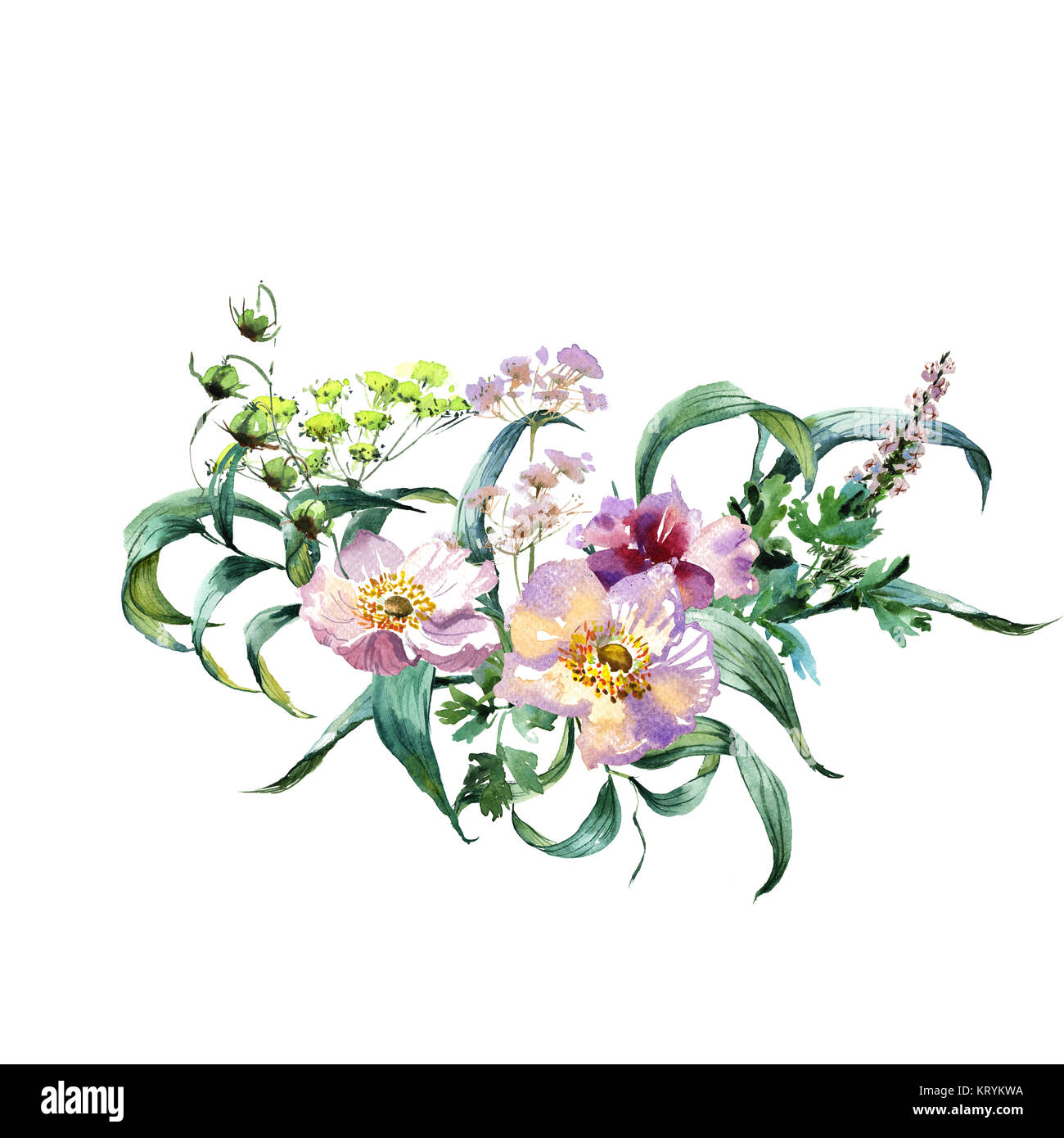 Romantic watercolor emerald flowers branch bouquet Summer garden ...