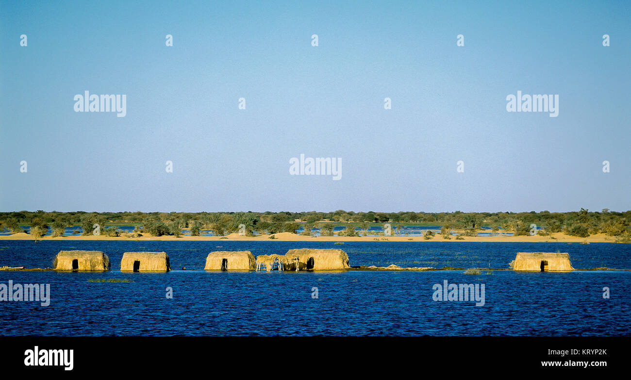 View of a village by the Niger river and adobe buildings, Mali Stock ...