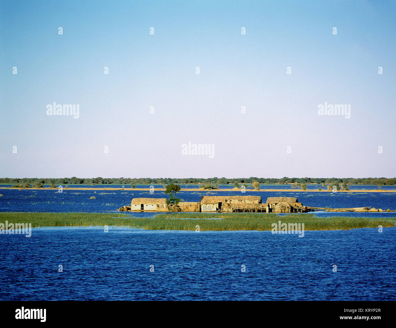 View of a village on the Niger river and adobe buildings, Mali Stock ...