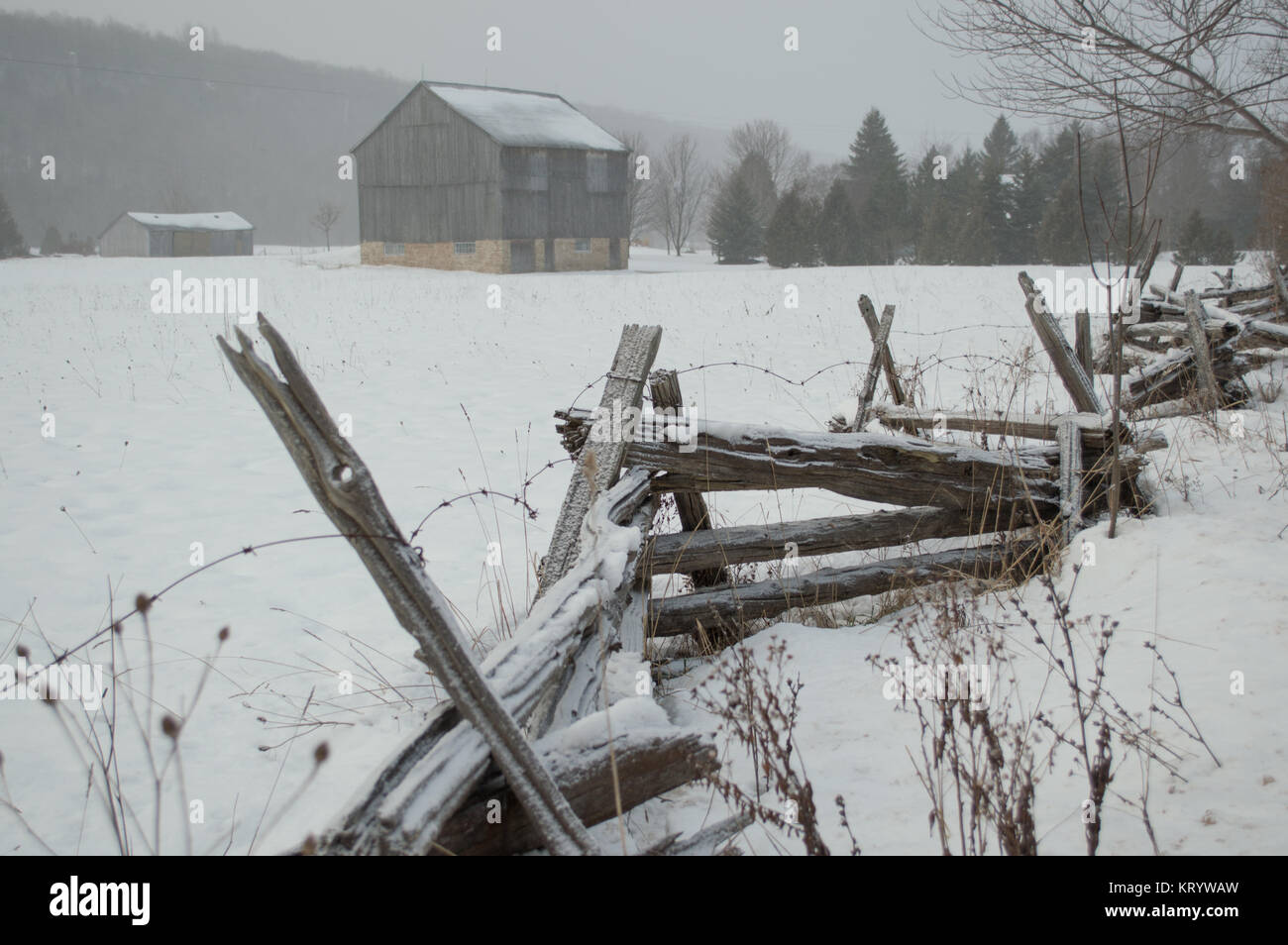 Rustic barn and fence in winter Stock Photo - Alamy
