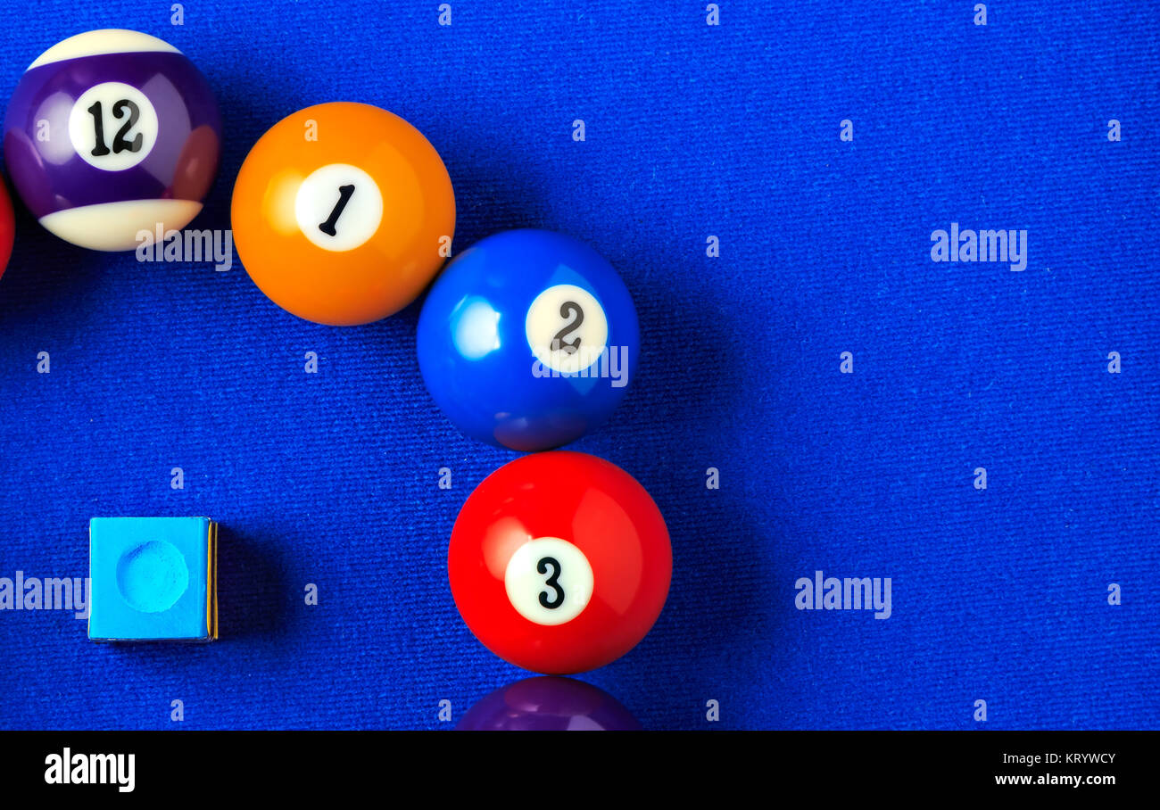 Billiard balls in a blue pool table Stock Photo - Alamy