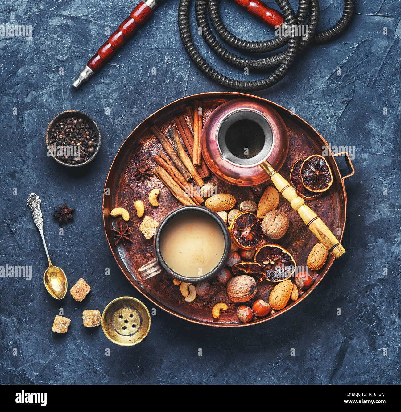 aroma Arab hookah with coffee in vintage style.View top Stock Photo - Alamy