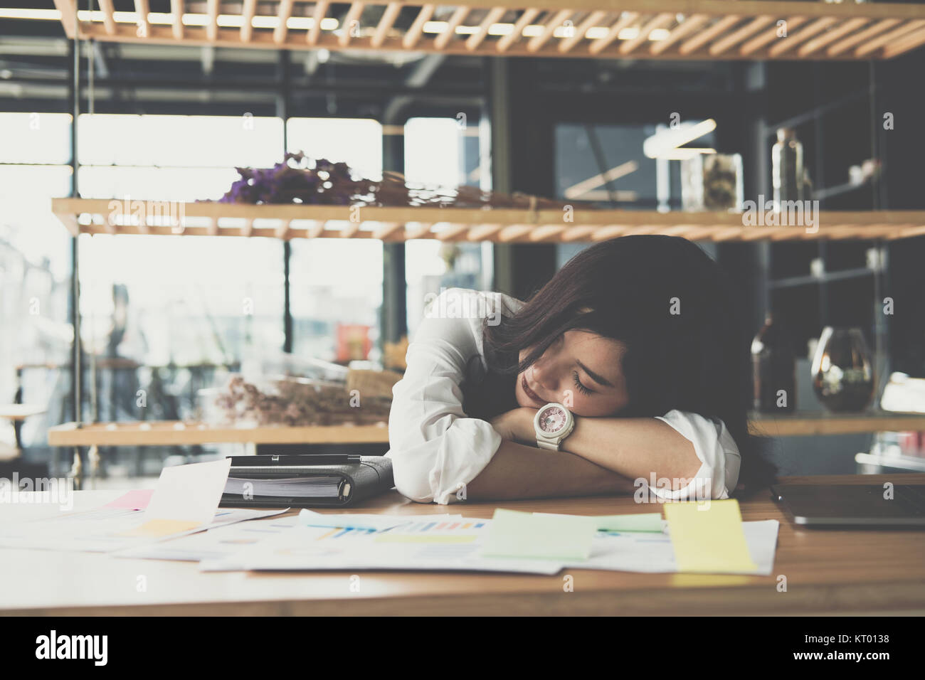 young tired businesswoman sleep at office. exhausted woman dozing at ...