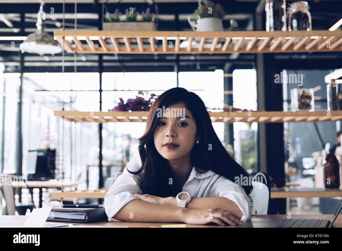 young tired businesswoman wake up after sleep at office. exhausted ...