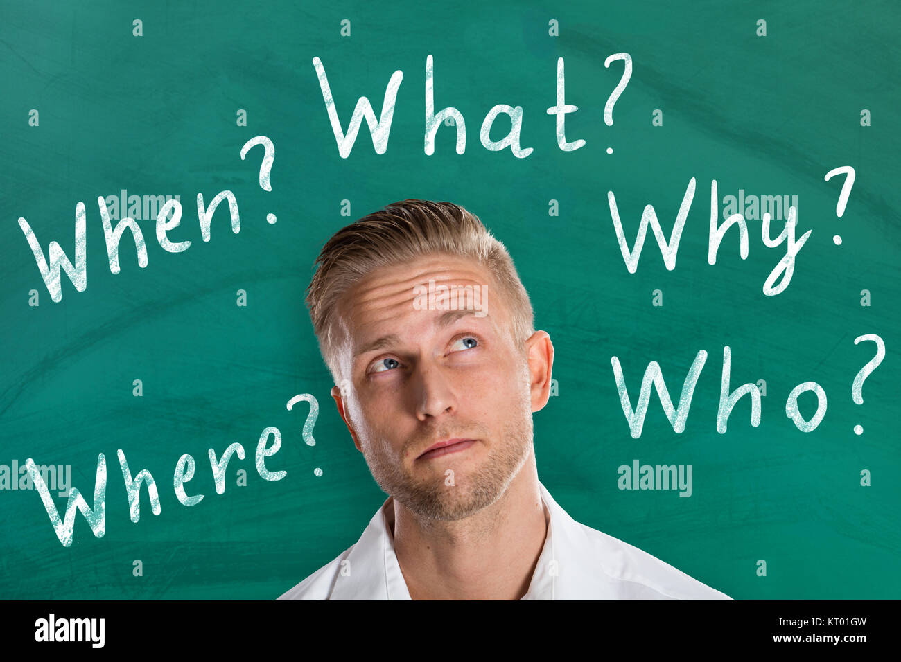 Man Thinking About Five Ws Questions Stock Photo - Alamy