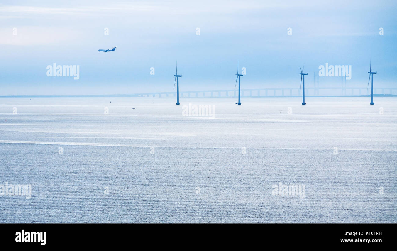 airplane, bridge and offshore wind farm in morning Stock Photo - Alamy