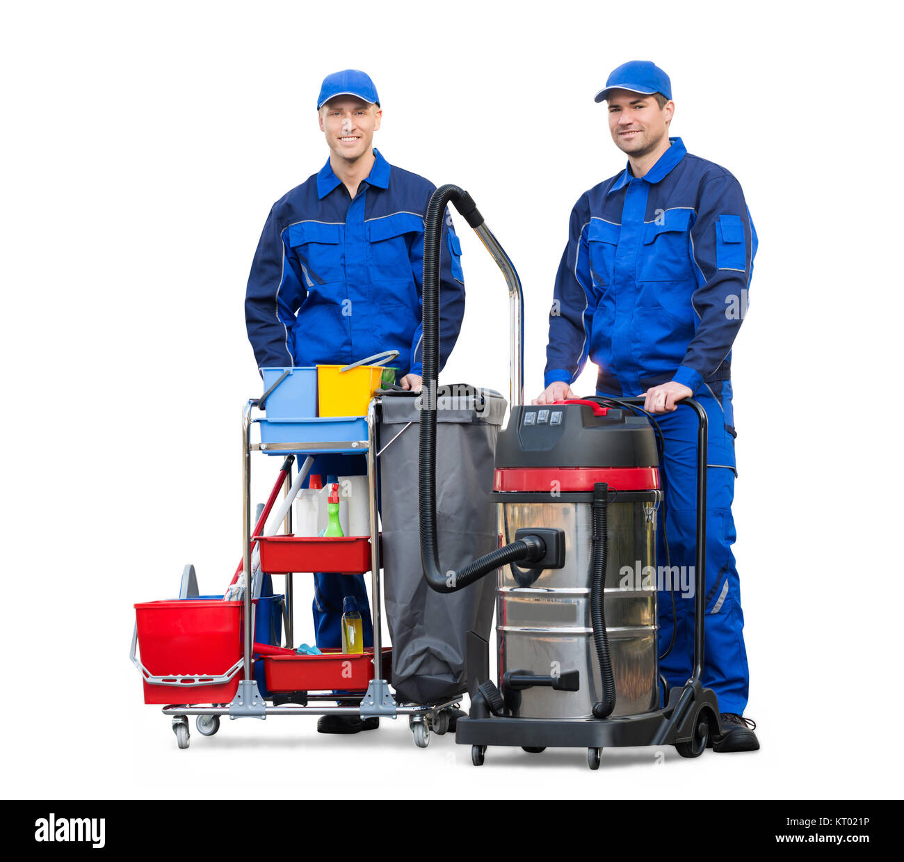 Two Male Janitors Standing With Cleaning Equipment Stock Photo - Alamy