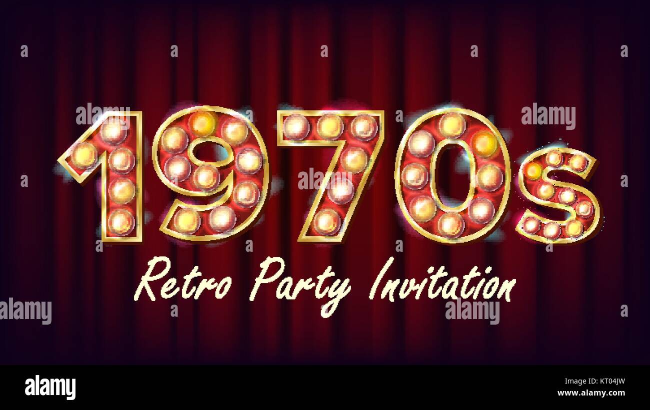 1970s Retro Party Invitation Vector. 1970 Style. Lamp Bulb. Glowing ...