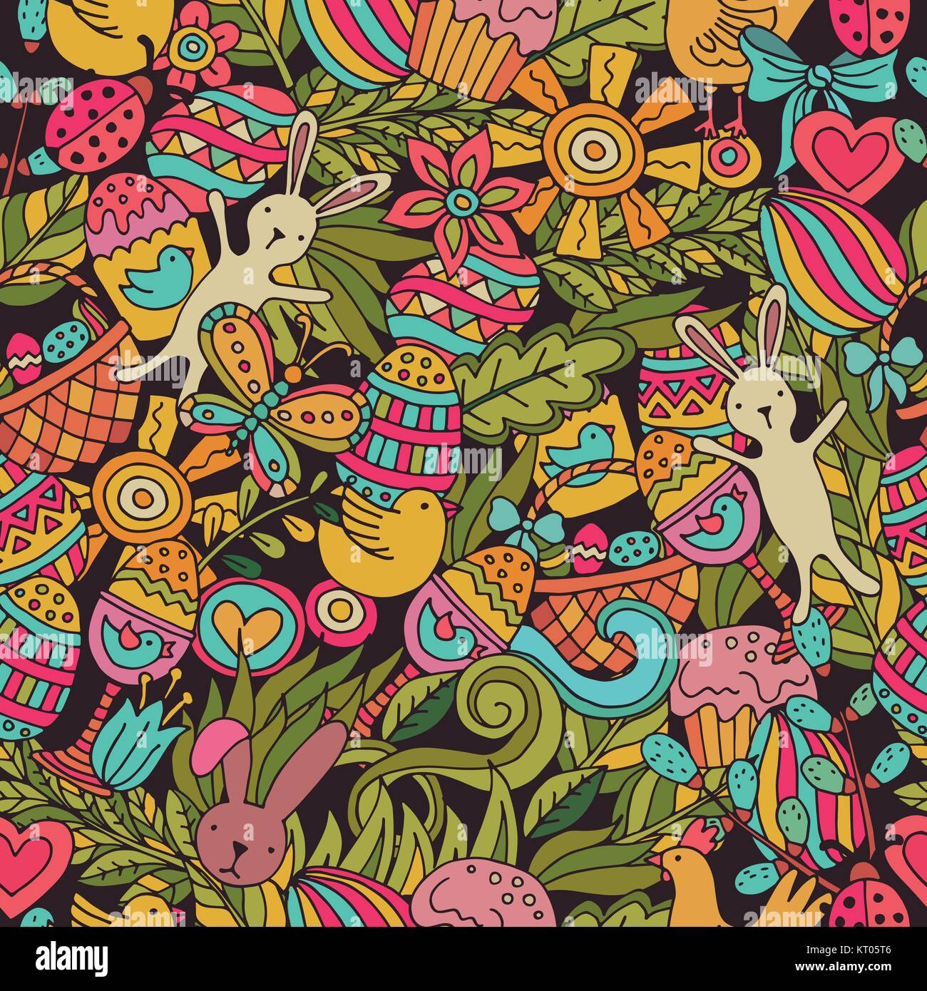 Cartoon vector hand drawn Doodle Happy Easter illustration. Seamless ...