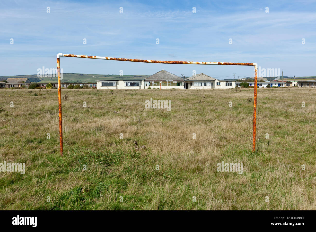 Rusty Goal Posts, Abandoned Holiday Camp, Isle of Wight, UK Stock Photo ...