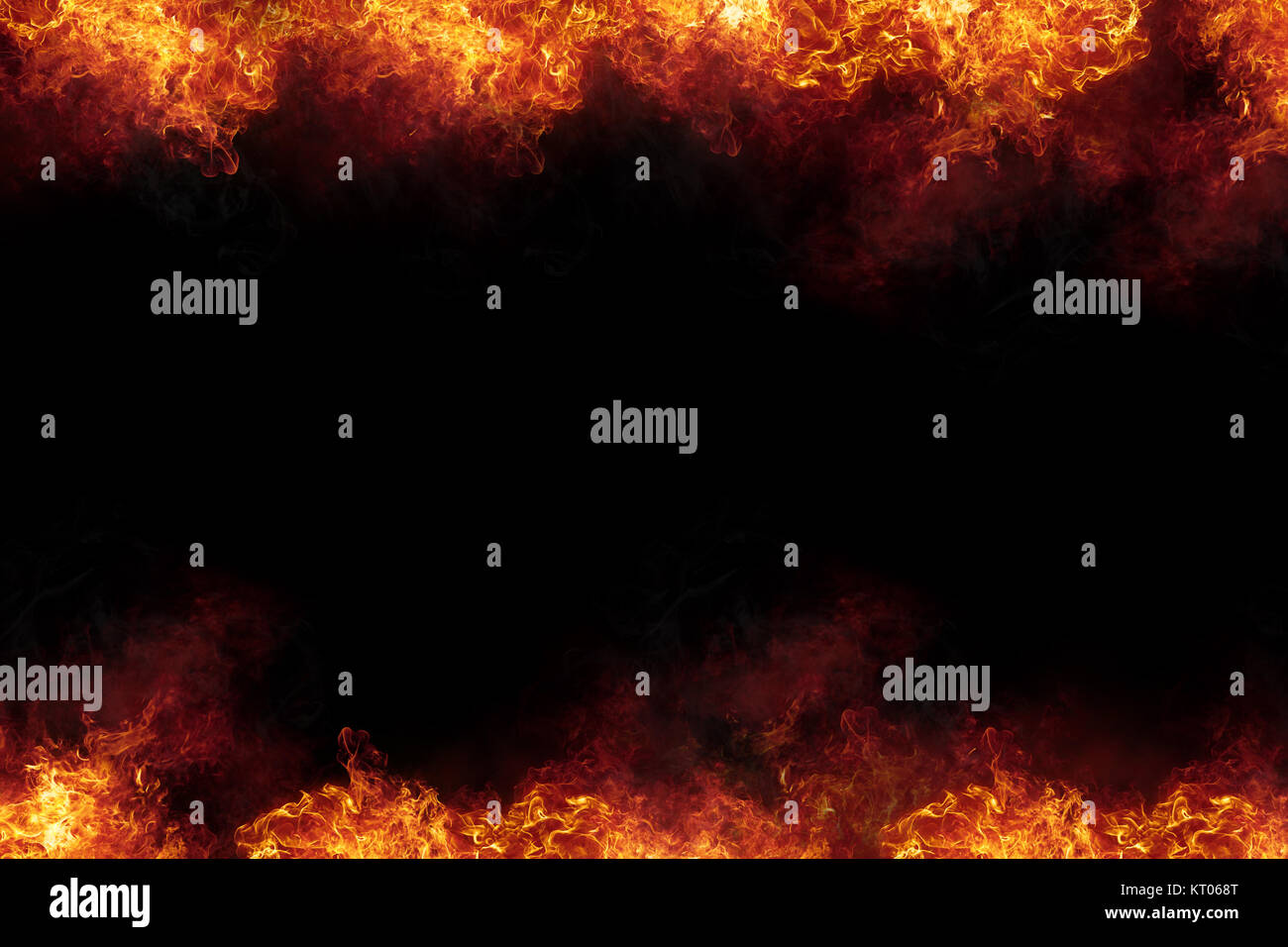 Realistic burning fire flames frame border, sparks and smoke with copy ...