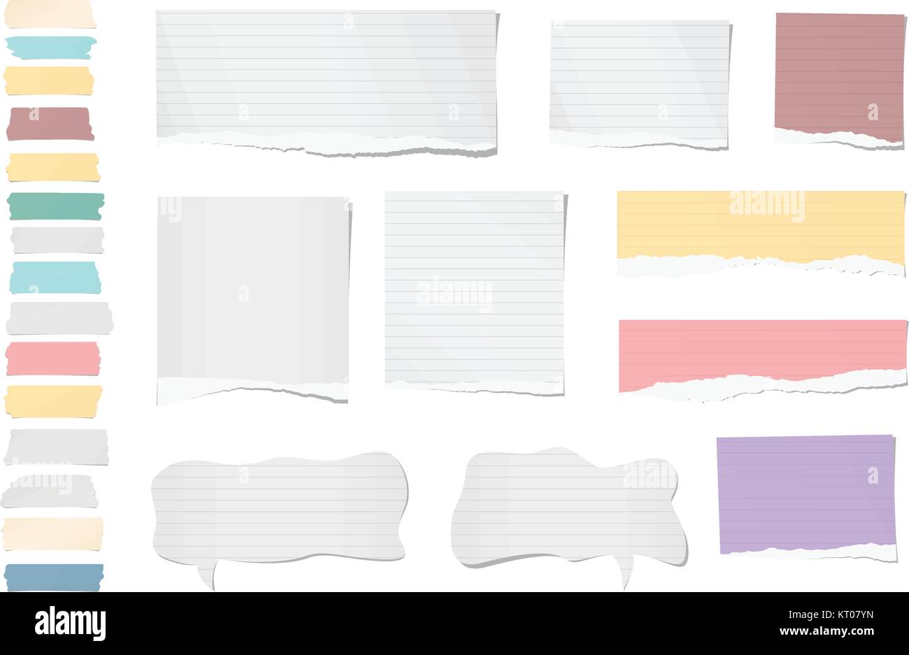 White ripped blank, colorful note, notebook paper strips, sheets ...