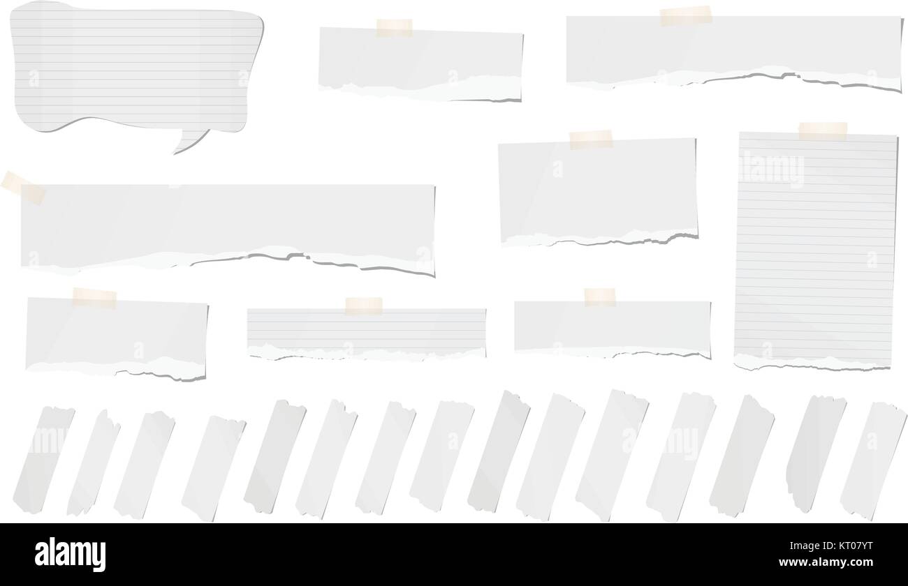 White ripped blank, ripped note, notebook paper strips, sheets, speech ...