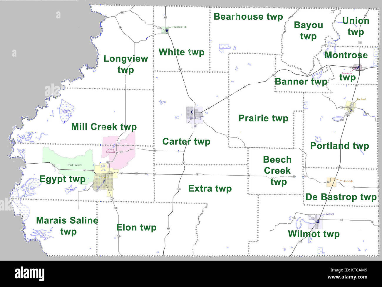 A detailed map of Ashley County, Arkansas, from 2010, illustrating the ...