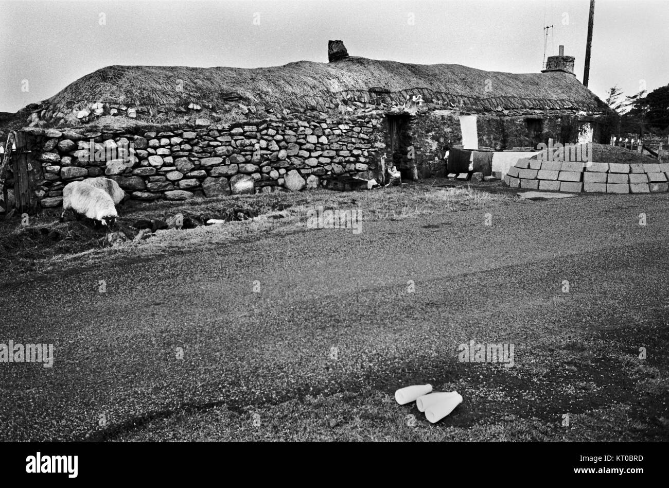 Outer Hebrides a traditional thatched stone Longhouse 1970s. Croft on ...