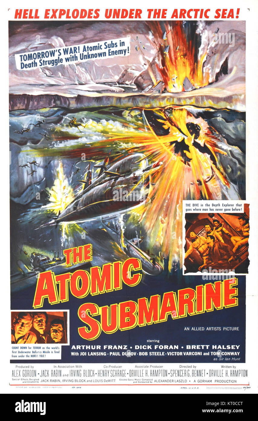 This poster features an atomic submarine, likely representing the technological advancements of ...