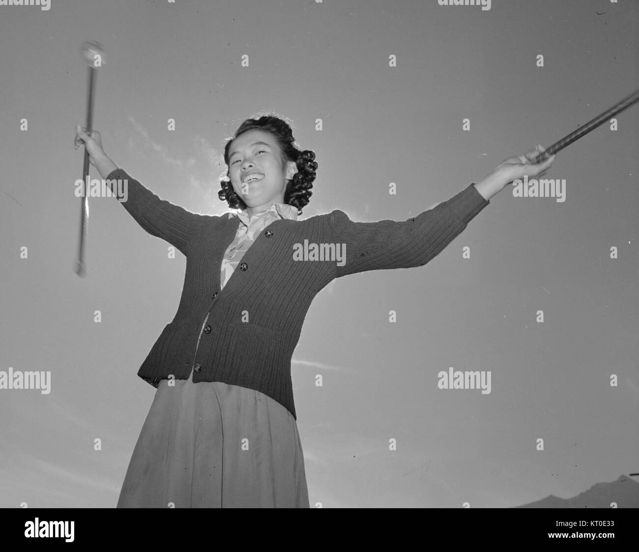A photograph titled 'Baton-practice-Manzanar-Adams' likely depicts ...