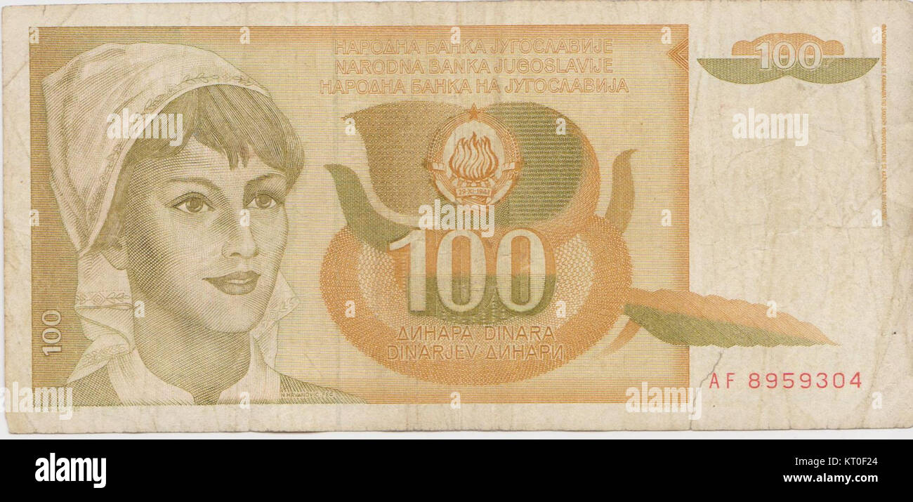 The 100 dinar Yugoslav banknote from 1990, issued during the late ...