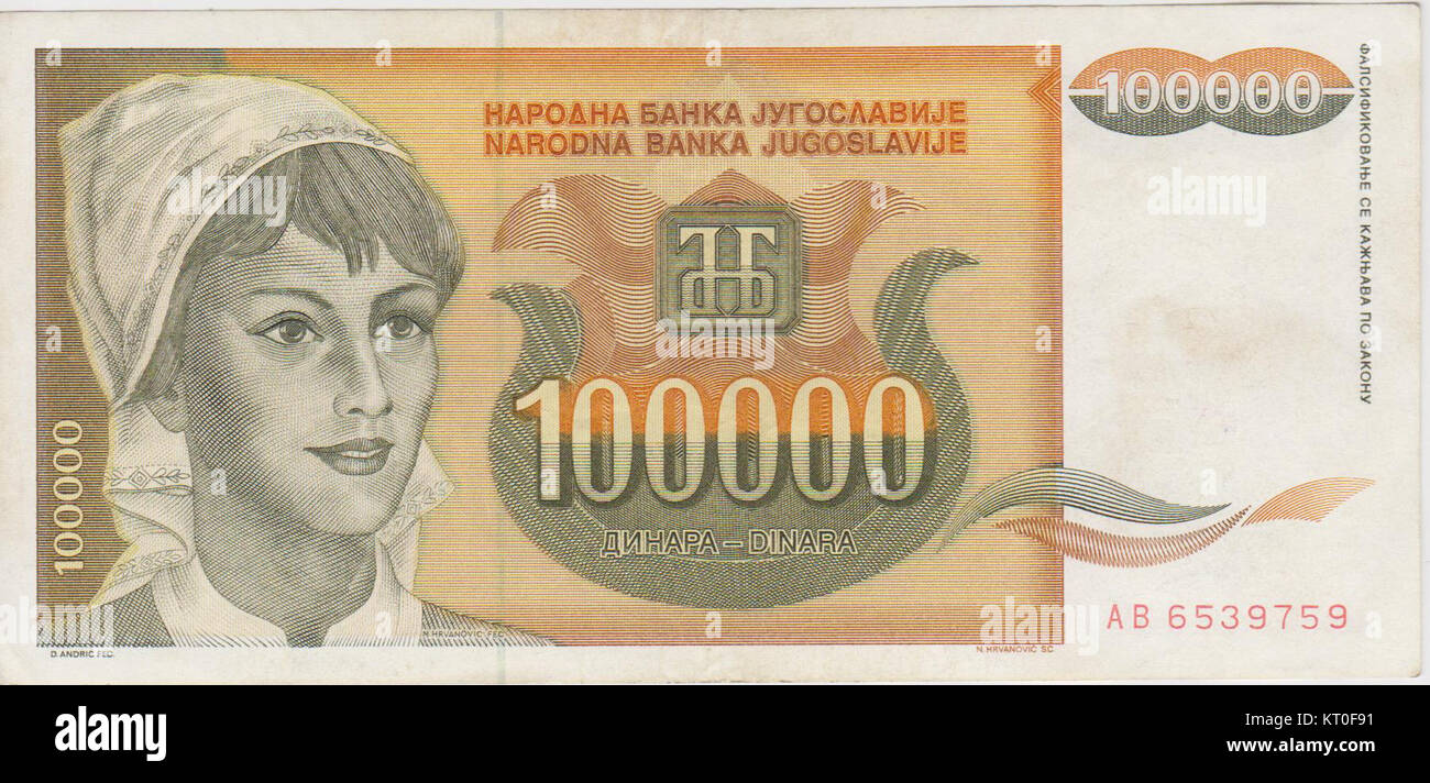 This banknote of 100,000 Yugoslav dinars from 1993 was issued during a ...
