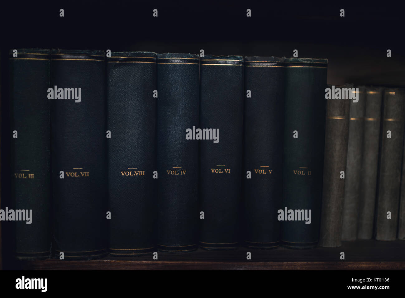 A row of old worn antique books on a bookshelf. The names have been ...