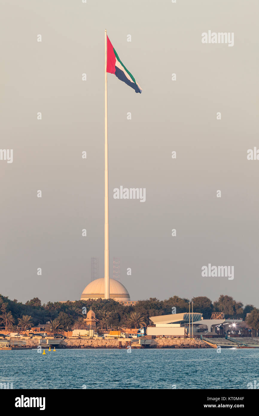 Giant flagpole with the UAE natinal flag in Abu Dhabi, United Arab ...