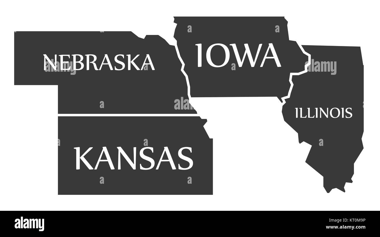 Nebraska - Kansas - Iowa - Illinois Map labelled black Stock Photo - Alamy