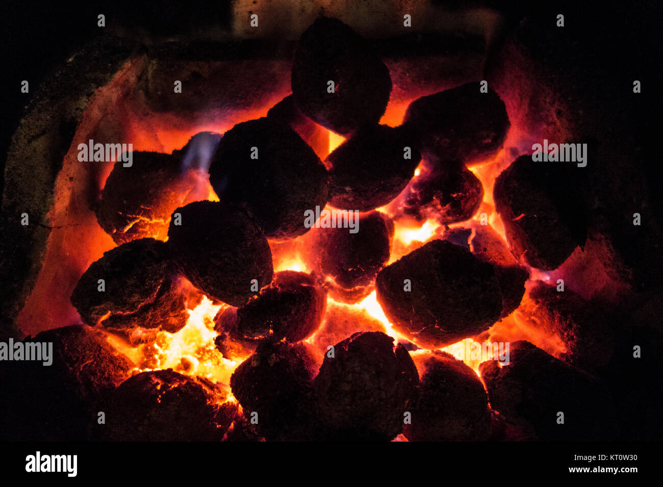 Burning Coke Coals on a Fireplace Stock Photo - Alamy