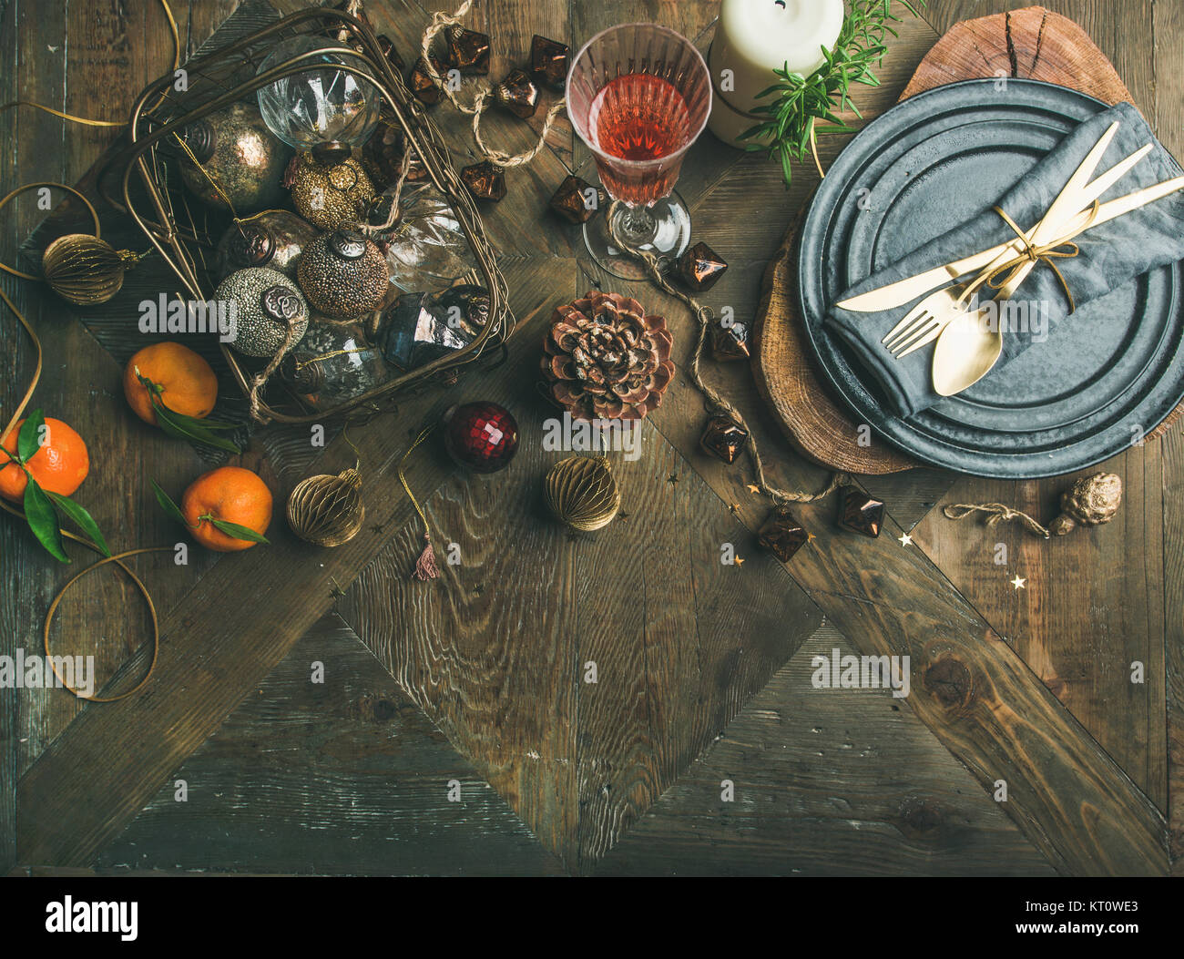 Christmas or New Years eve holiday table setting. Flat-lay of plates ...