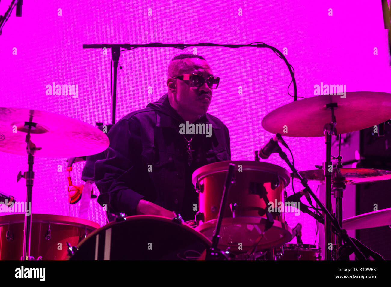 Drummer Steve Jordan of John Mayer seen live on stage at a live concert ...