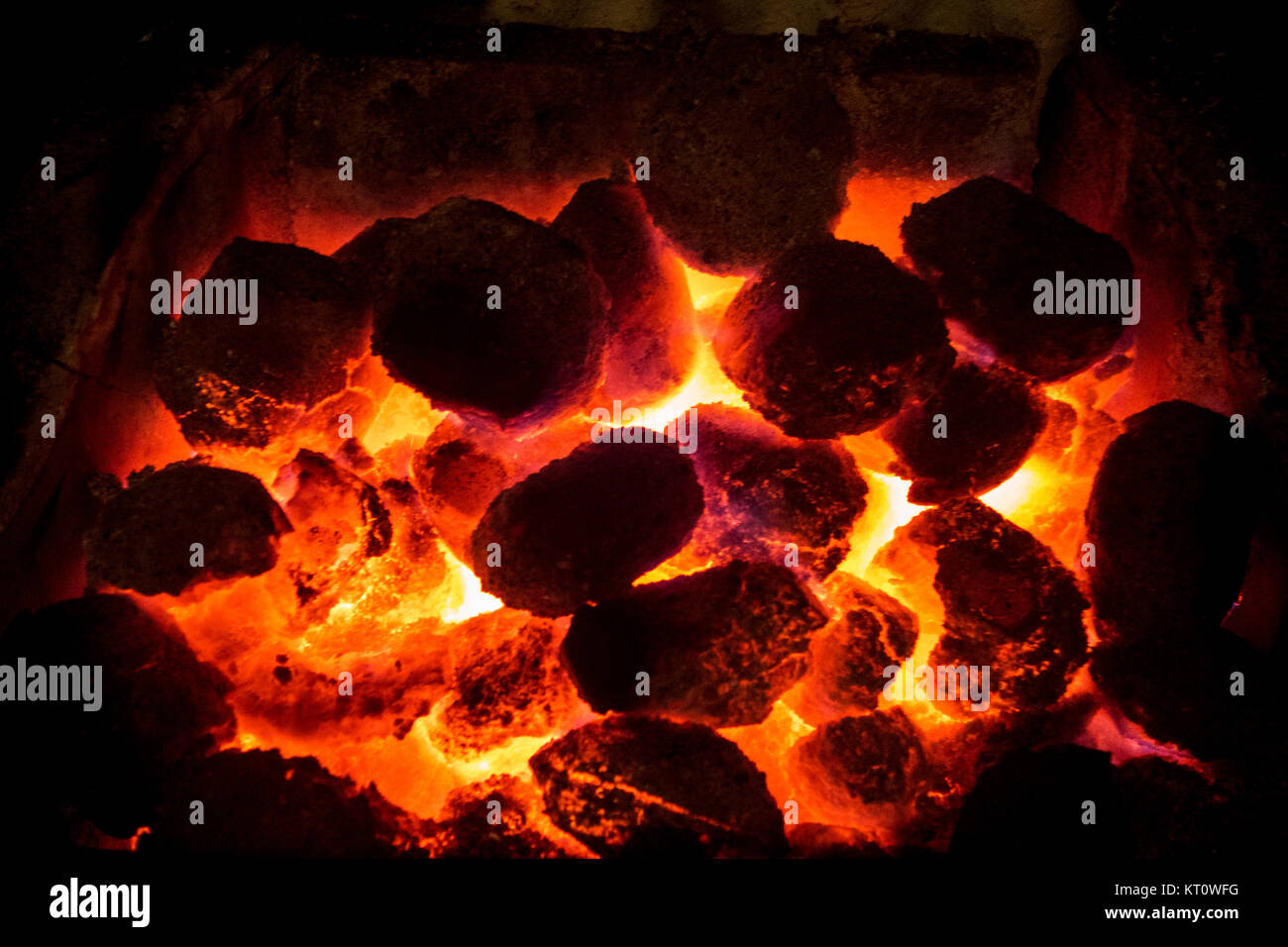 Burning Coke Coals on a Fireplace Stock Photo - Alamy