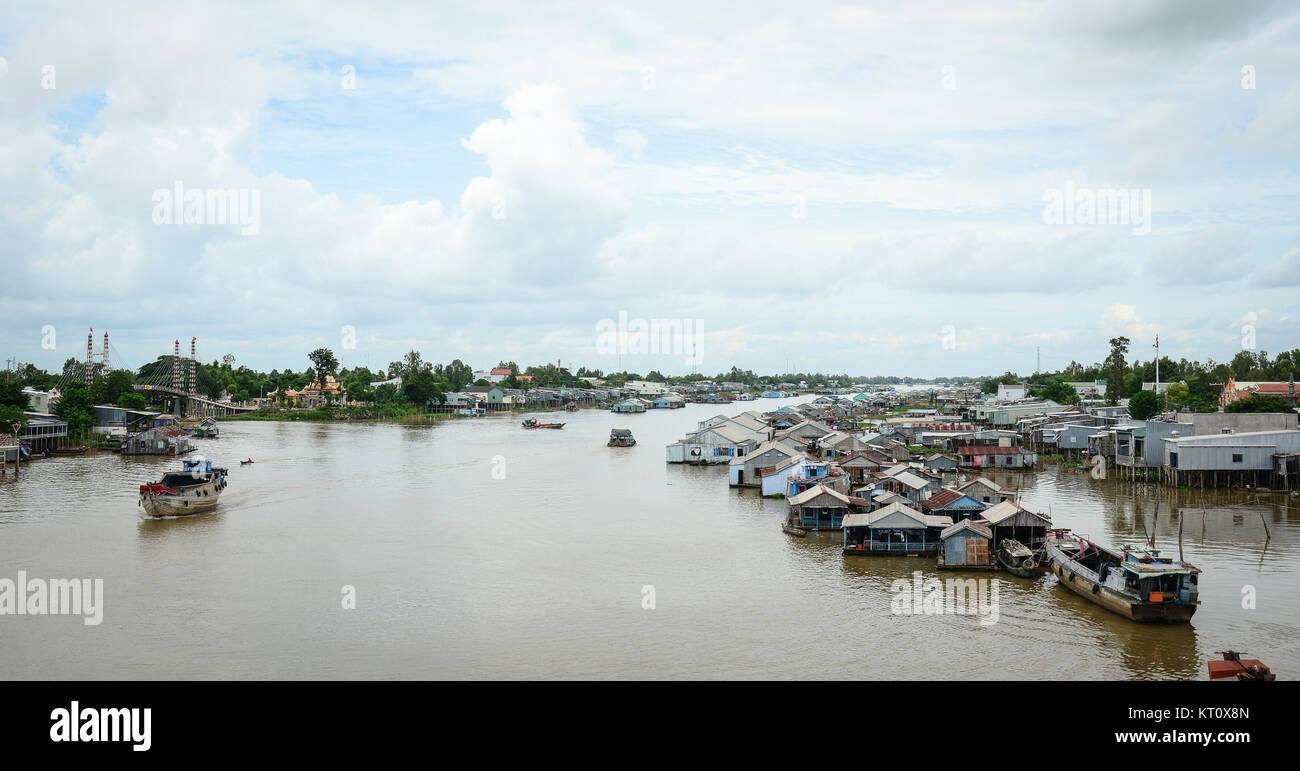 An Giang, Vietnam - Oct 2, 2015. River scenery with floating house in ...