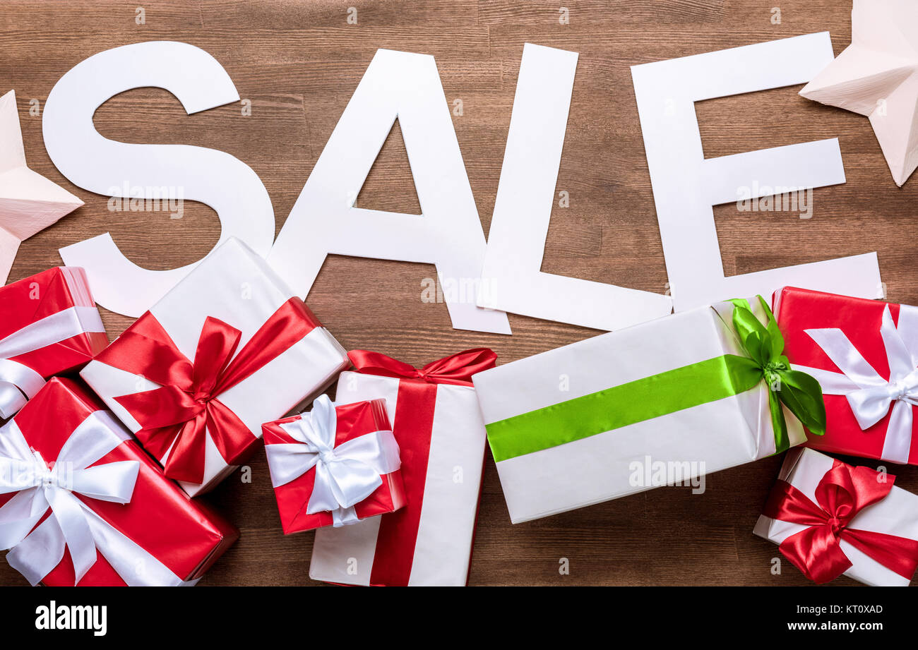 Sale sign with gift boxes Stock Photo - Alamy