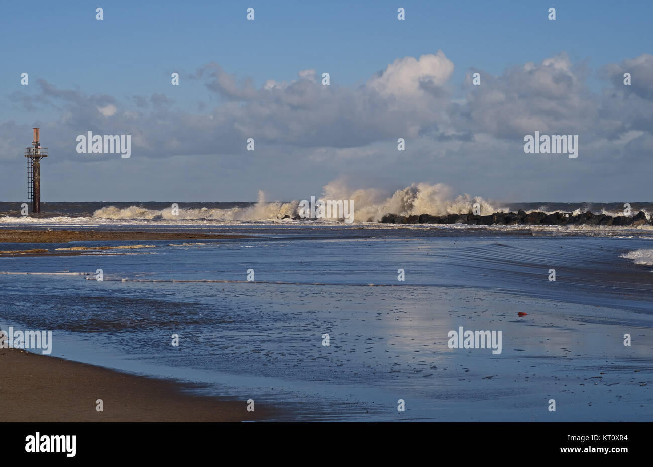 waves breaking on sea defence offshore reef Eccles-on-Sea, Norfolk, UK ...