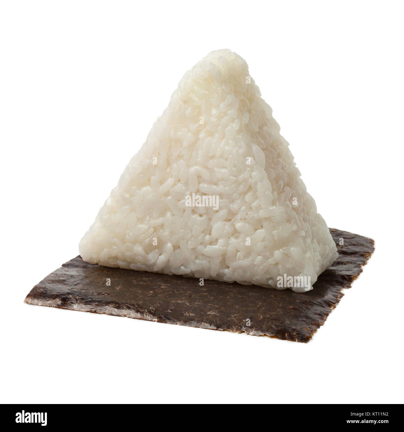 Fresh made Japanese triangular onigiri on seaweed on white background ...