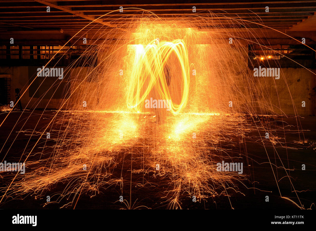 Wire wool spinning with fire in underground car park. Flame, fire ...