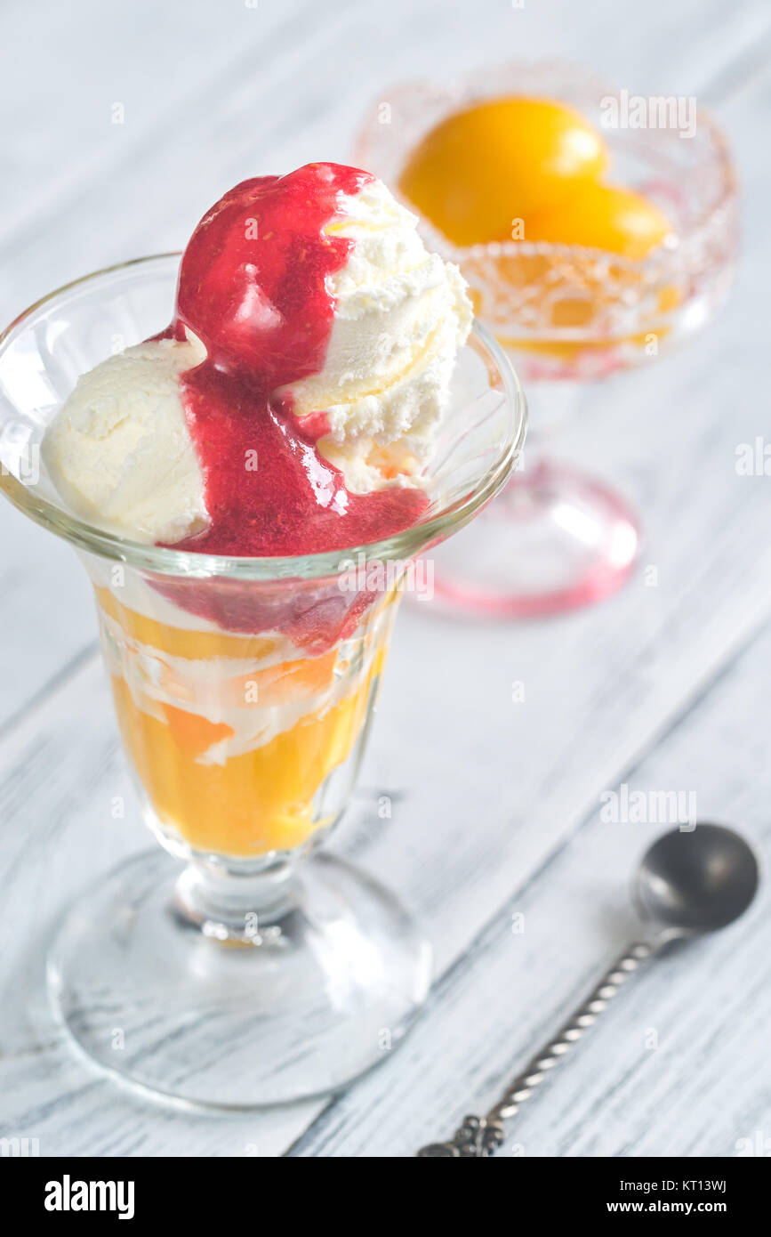 A bowl of Peach Melba - vanilla ice cream with peaches and raspberry ...