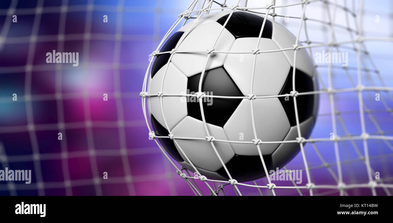 Soccer football ball in goal, blue purple background, copy space, 3d ...
