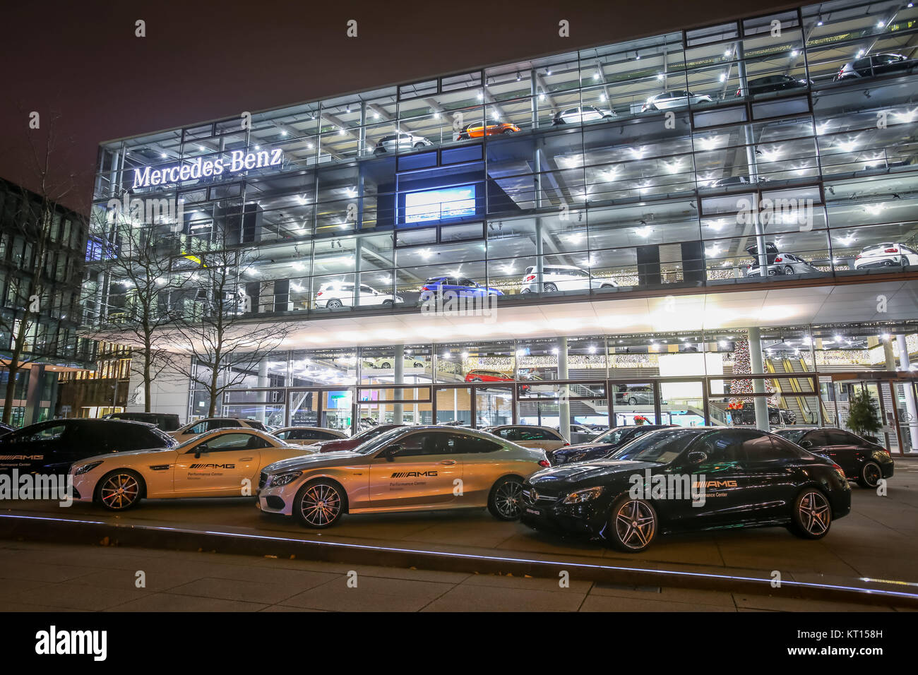 MUNICH, GERMANY - DECEMBER 11, 2017 : Exhibited cars parked in front of ...