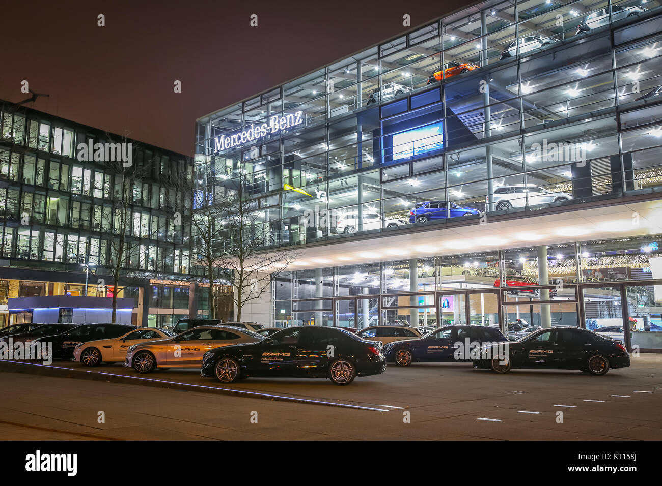 MUNICH, GERMANY - DECEMBER 11, 2017 : Exhibited cars parked in front of ...
