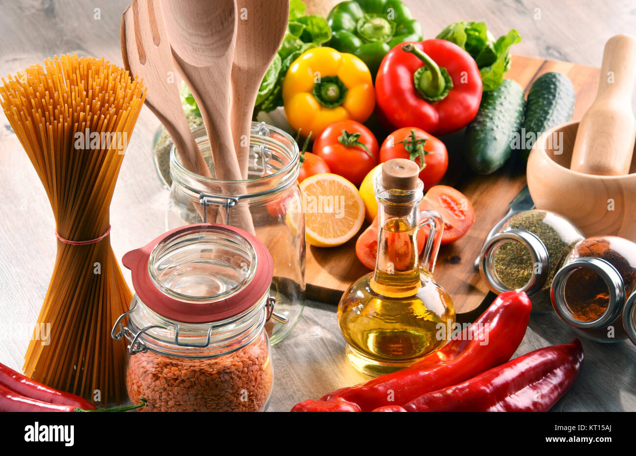 Composition with assorted food products and kitchen utensils Stock ...