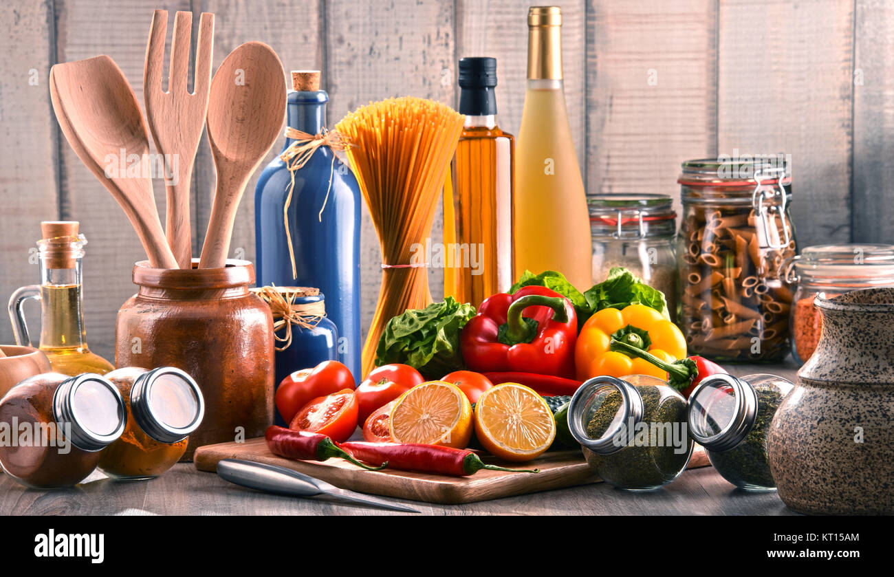Composition with assorted food products and kitchen utensils Stock ...