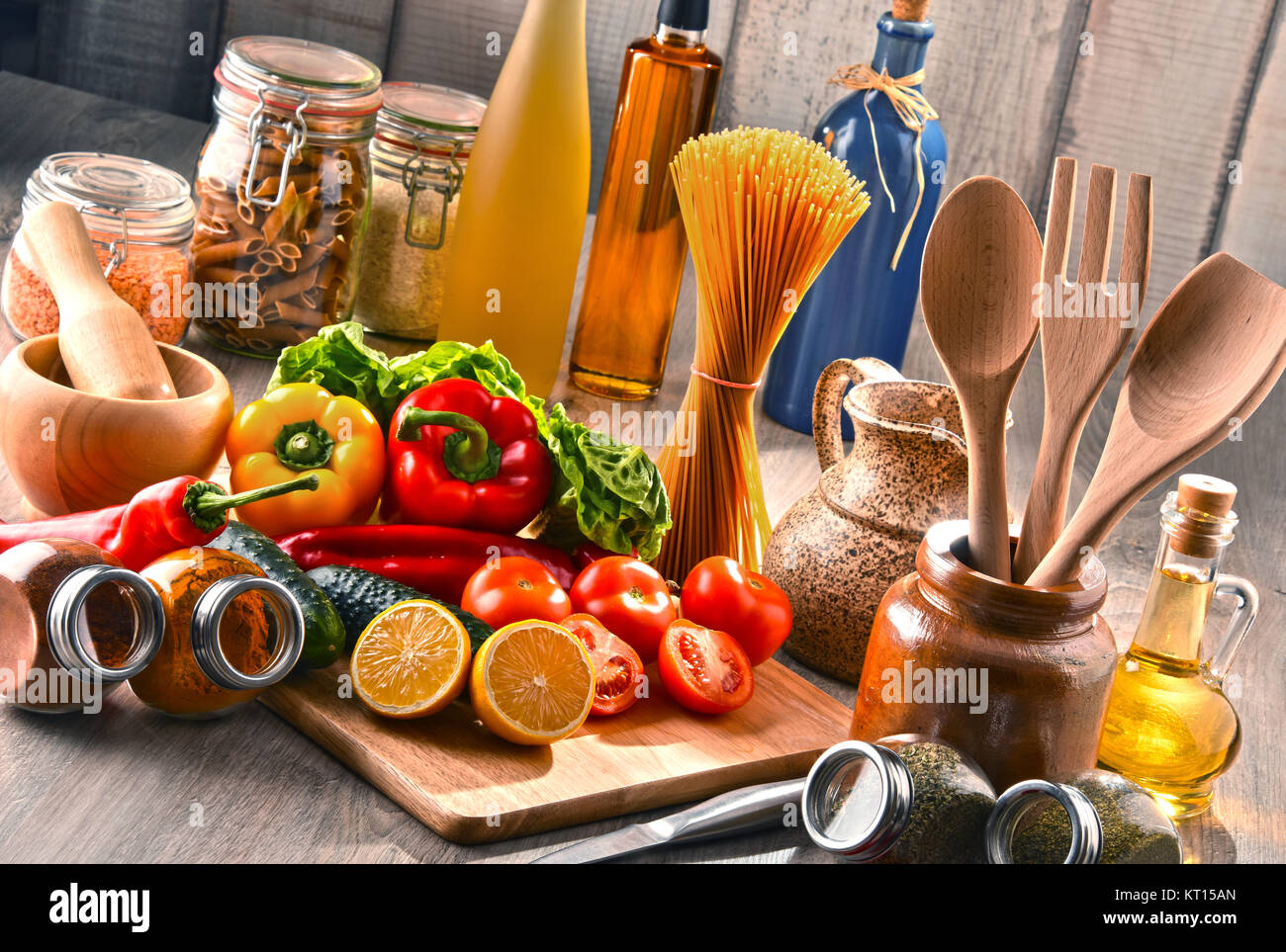 Composition with assorted food products and kitchen utensils Stock ...