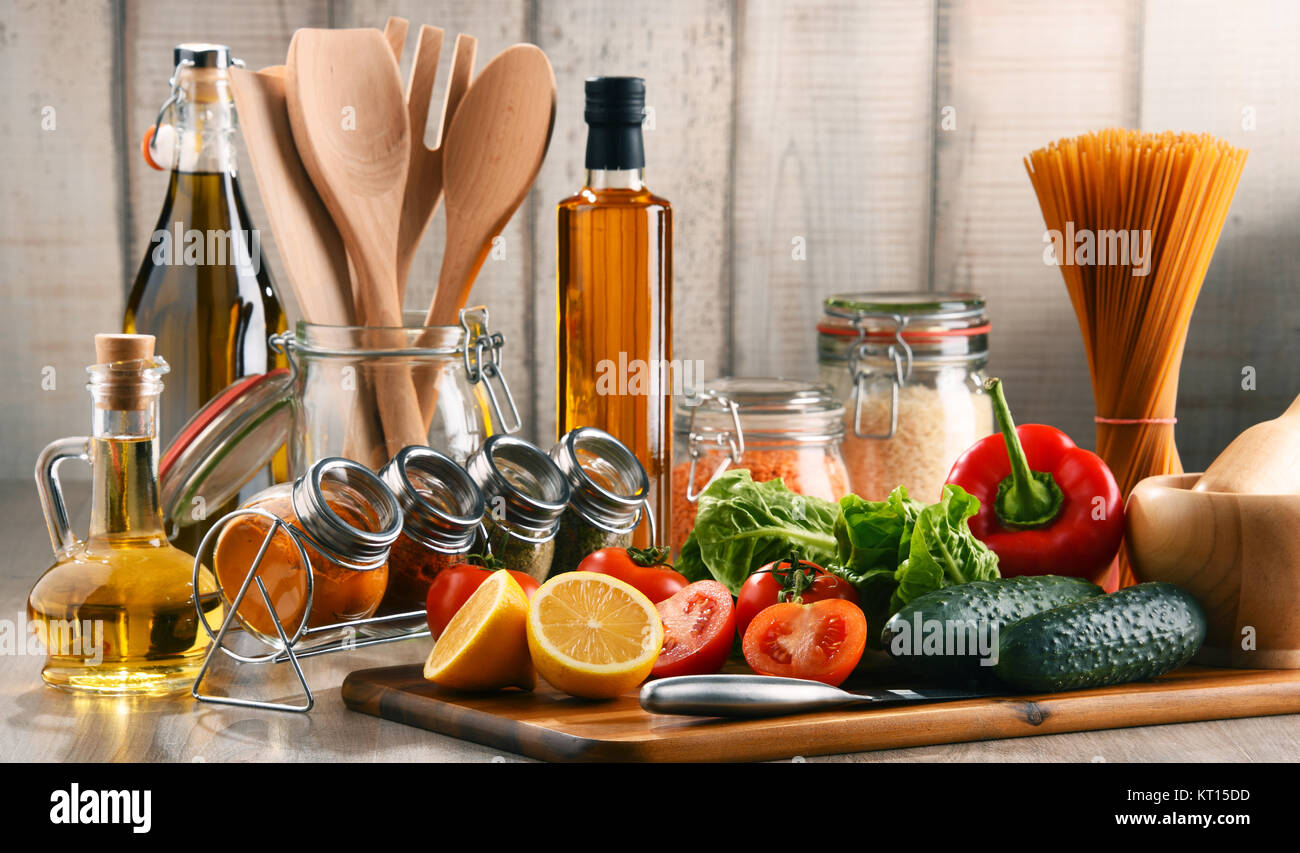 Composition with assorted food products and kitchen utensils Stock ...