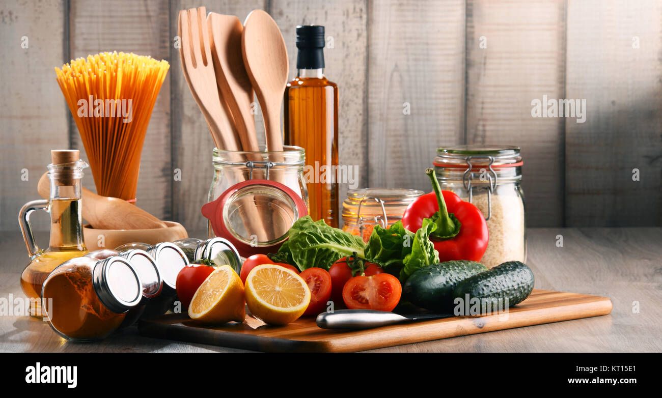 Composition with assorted food products and kitchen utensils Stock ...