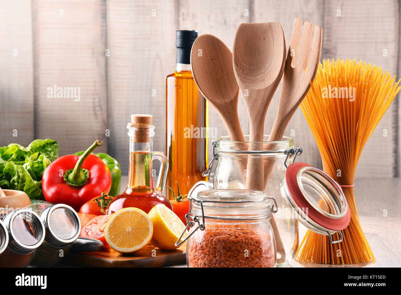 Composition with assorted food products and kitchen utensils Stock ...