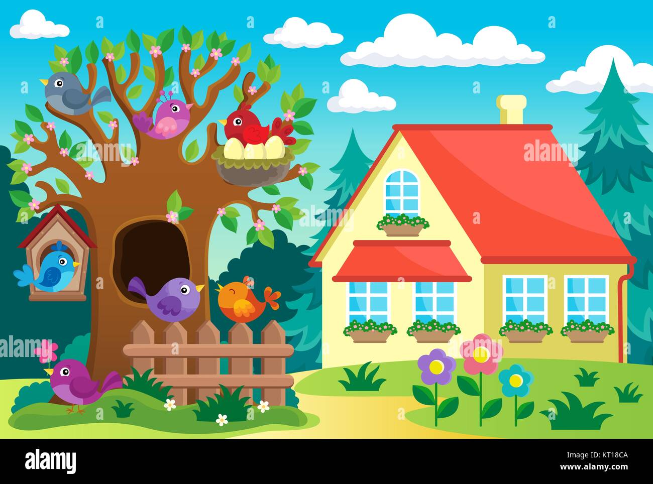 Tree with birds near house Stock Photo - Alamy